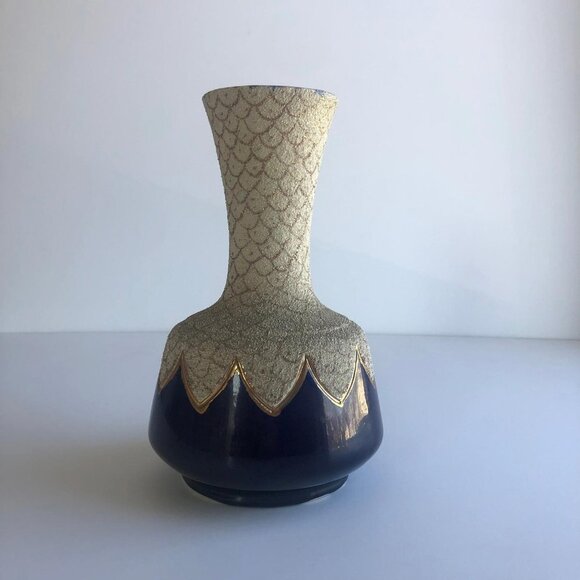 Accents | Vintage Thomas Forester Vase Blue And Gold Scalloped Majolica ...
